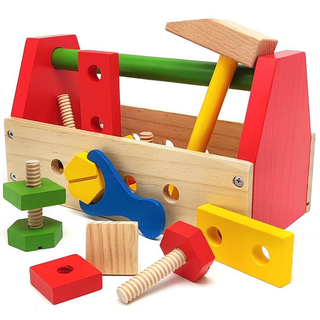 GeekHouse Tool Kit for Kids, Wooden Tool Set for Toddlers, Construction Tool Box Toy for Age 3+ Year Olds