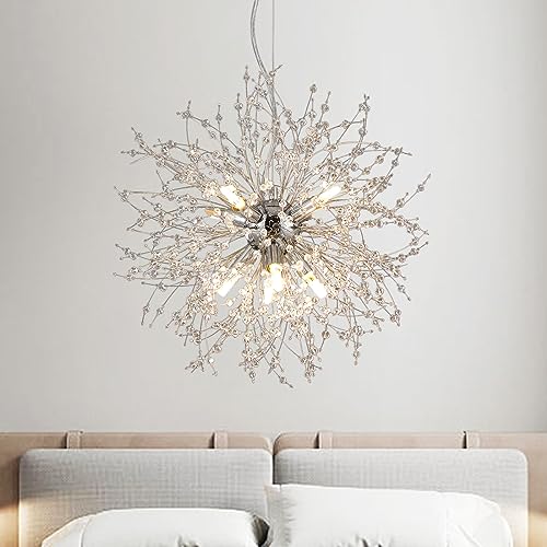 Camastar Modern Small Chandelier, 8 Lights Chrome Firework Chandelier, Dandelion Crystal Chandeliers for Entryway, Sputnik Pendant Light Fixture for Dining Room