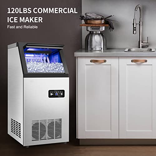 Commercial Ice Maker Machine 120Lbs/24H with 35Lbs Ice Capacity, 45Pcs Clear Ice Cubes Ready in 11-20Mins, Stainless Steel Under Counter Freestanding Large Ice Machine, 2 Water Inlet Modes