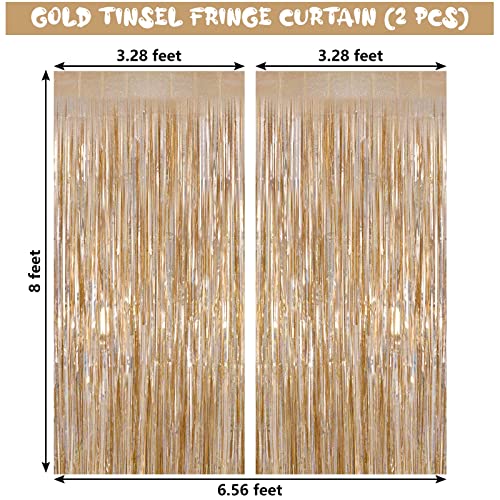 Champagne Tinsel Foil Fringe Curtain Backdrop, 2 Pack Metallic Glitter Curtains Party Decorations Streamers, Xmas Champagne Backdrop for Birthday Wedding Bridal Shower Homecoming New Year