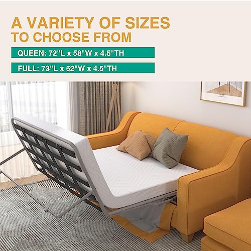 Dyonery 4.5 Inch Memory Foam Sofa Bed Mattress Replacement with Fiberglass-Free Fabric and Washable Cover for Sleeper Sofa and Couch Beds, Full Size, White (Sofa Not Included)