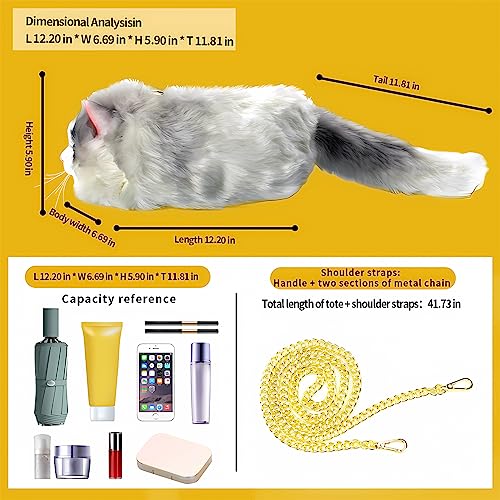HUIJUFU Realistic Puffy Plush Cat Shaped Crossbody Handbag for Women(White gray)