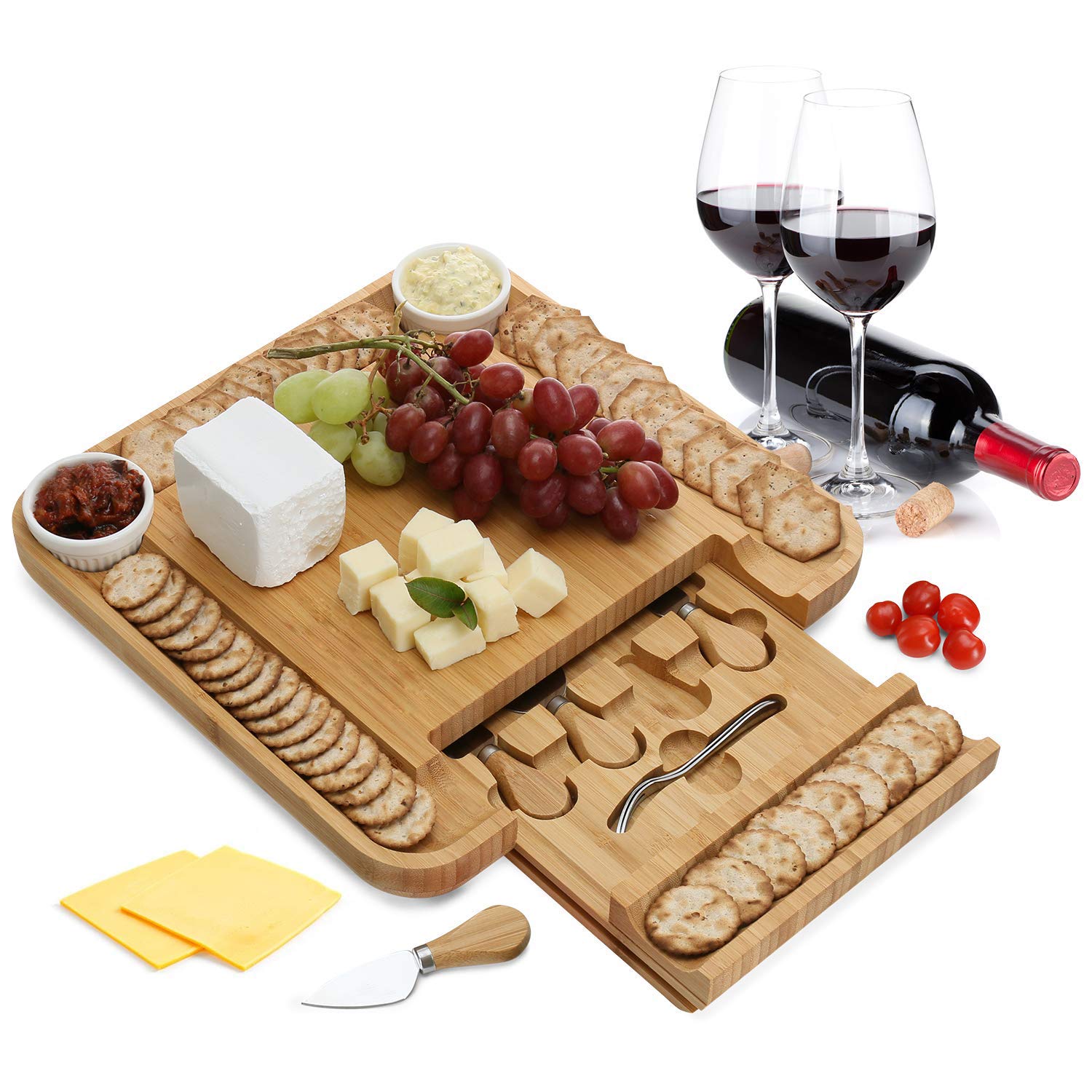 Premium Bamboo Cheese Board with Stainless Steel Knife Set and Ceramic Cups | Great Gift Idea | Size 13.3'' x 13.3'' x 2.2''