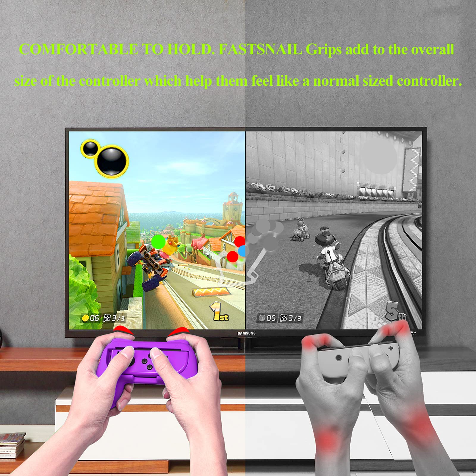 FASTSNAIL Grips Compatible with Nintendo Switch for Joy Con & OLED Model for Joycon, Wear-resistant Handle Kit Compatible with Joy Cons Controllers, 2 Pack(Orange and Purple)
