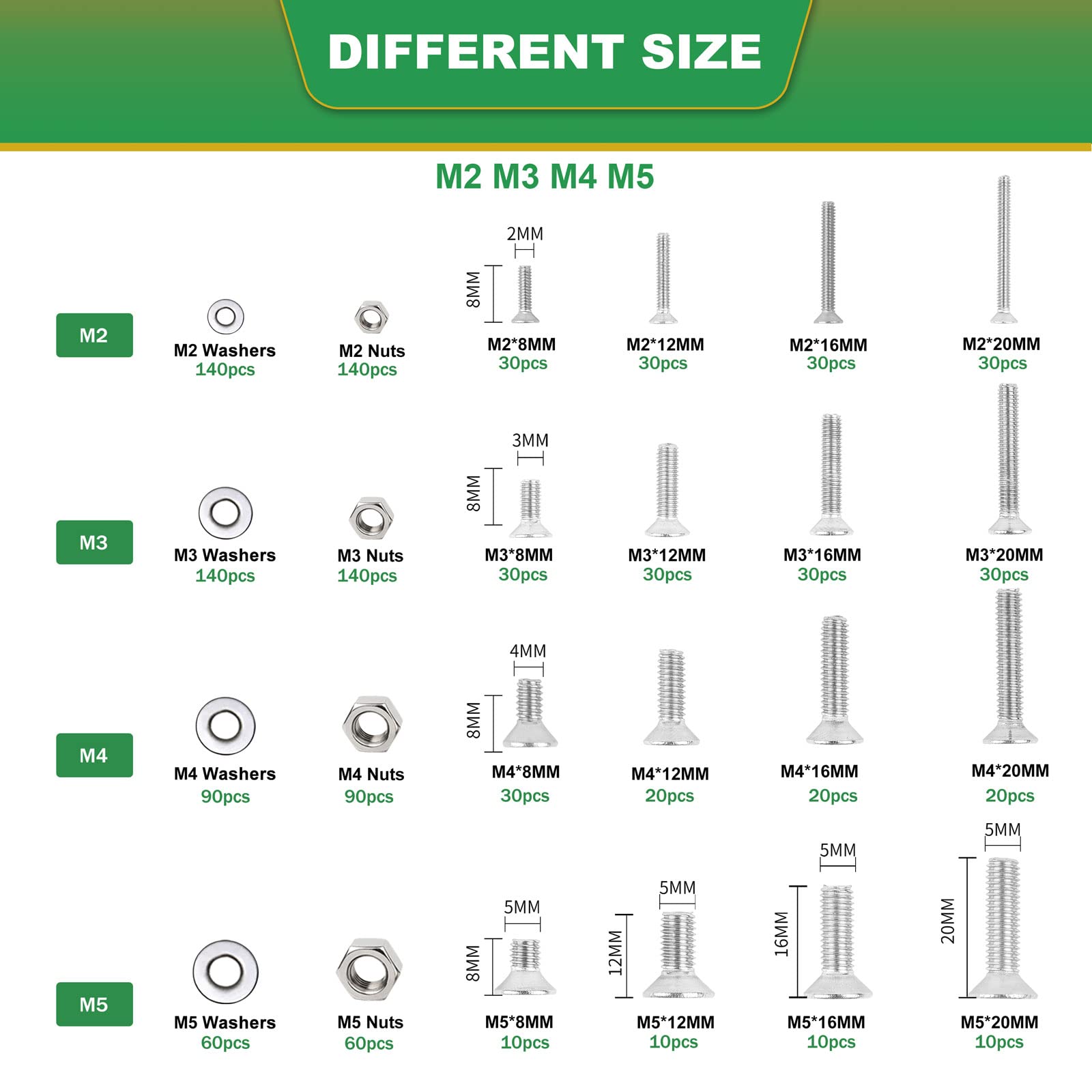 FOLIV Flat Head Socket Cap Screws, 1230PCS M2 M3 M4 M5 Bolts Nuts Washers Assortment Kit, Allen Socket Drive, 304 Stainless Steel