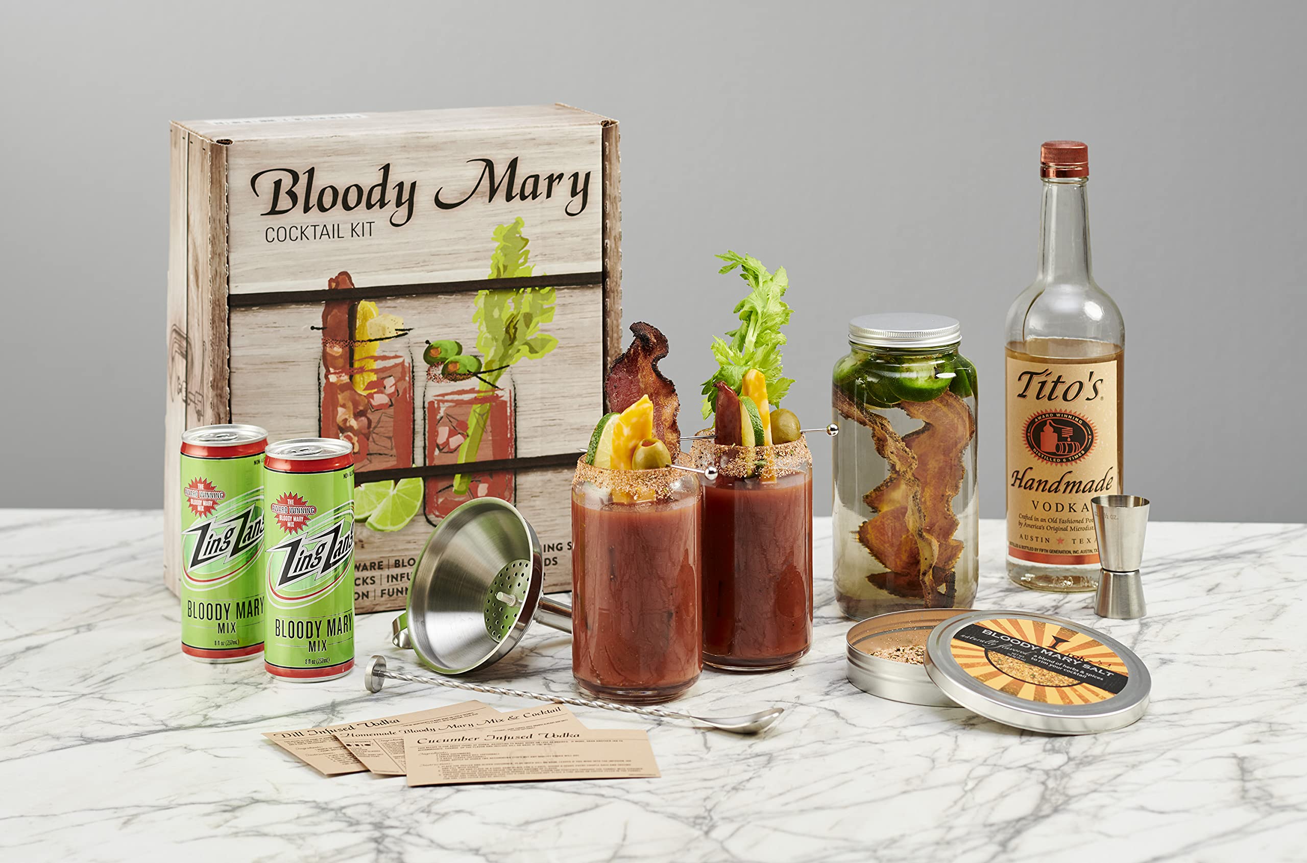 Bloody Mary Cocktail Kit: 16 oz Beer Can Drinking Glass Set | Zing Zang Bloody Mary Mix | Rokz Salt Tin | Infusion Jar | Bar Spoon | Jigger | Garnish Picks | Recipe Cards