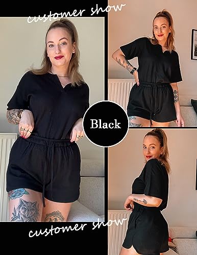 Ekouaer Waffle Knit Pajamas Set Womens Loungewear Short Sleeve Lounge Set 2 Piece PJ Sets S-XXL Black