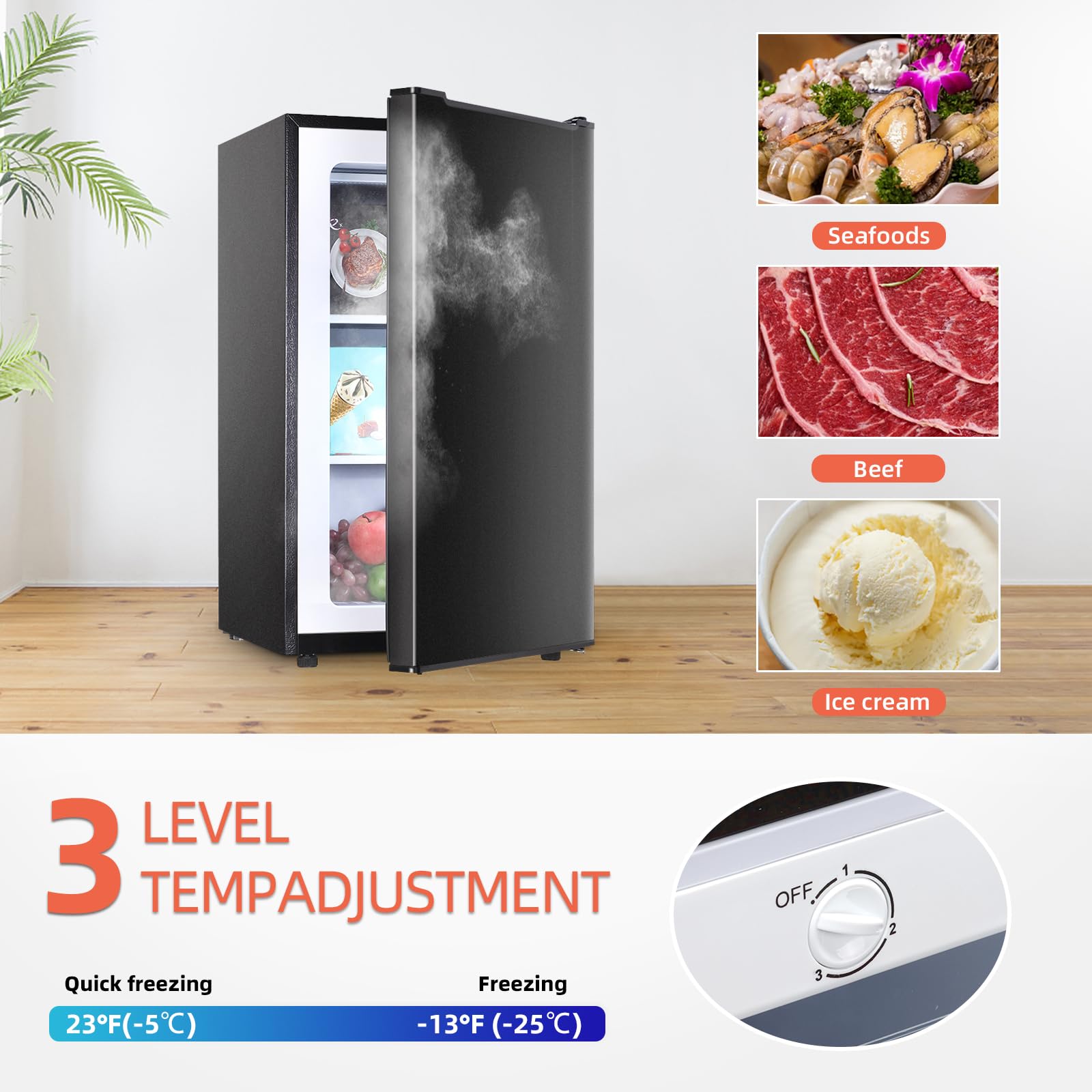 Black Upright freezer 3.6 Cu.ft, Compact Mini Freezer with Reversible Door, 3 Adjustable Thermostat, Quiet Stand Up Freezer for Apartment/Bedroom