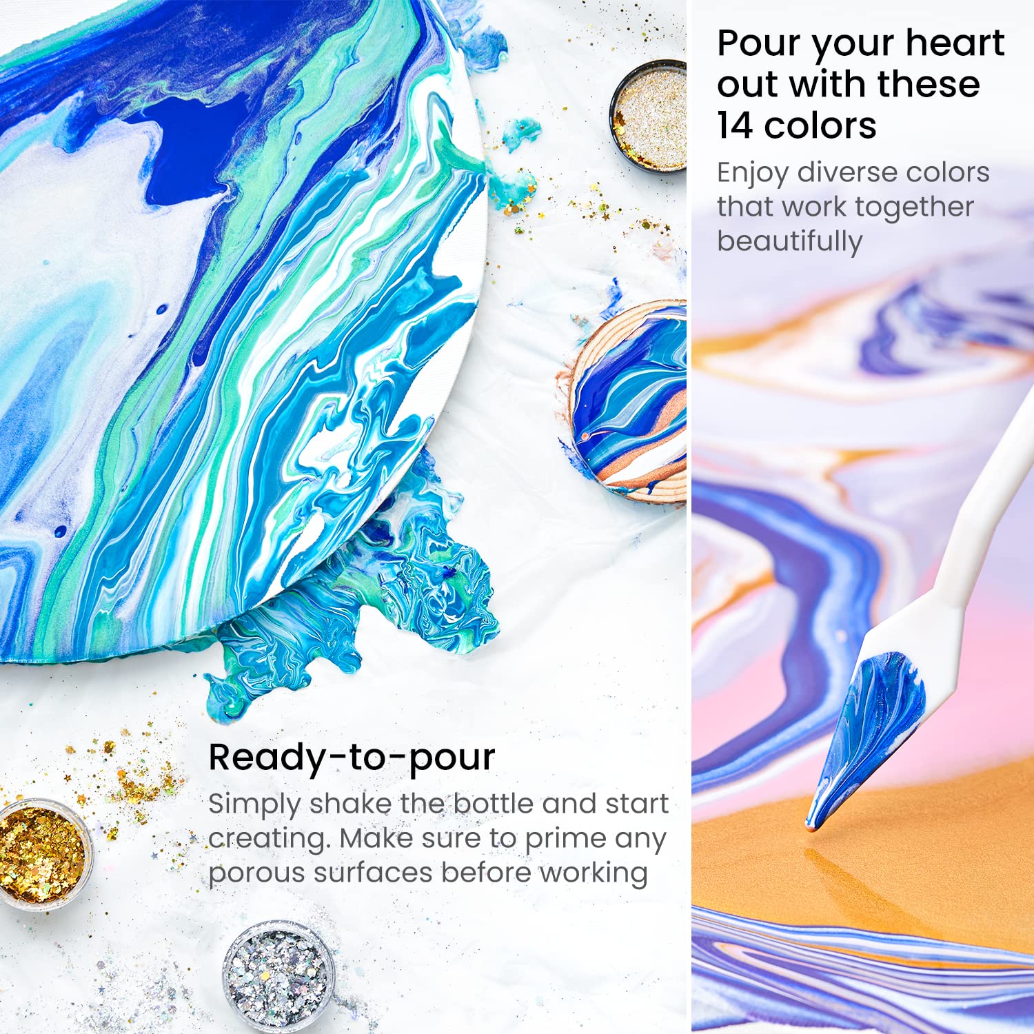Arteza Acrylic Pouring Paint Kit, 14 Glossy Colors β 8 Pastel & Bright, 3 Iridescent, 3 Metallic, 2 x Stretched Canvas, 2 Wooden Slices, Glitter, and Paint Pouring Accessories, Multicolor,28 Piece Set