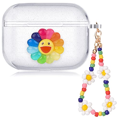 Cute AirPod Pro 2 Case Smile Sun Flower Bracelet Design Soft Silicone Clear Glitter Protective Cover Compatible with Airpods Pro 2nd Generation 2022 Case