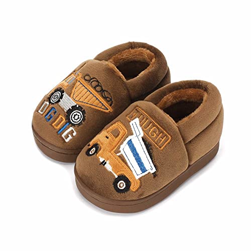 ESTAMICO Boys Girls Warm Slippers Cartoon Rocket Kids Winter Indoor Household Shoes, Brown 7-8 Toddler
