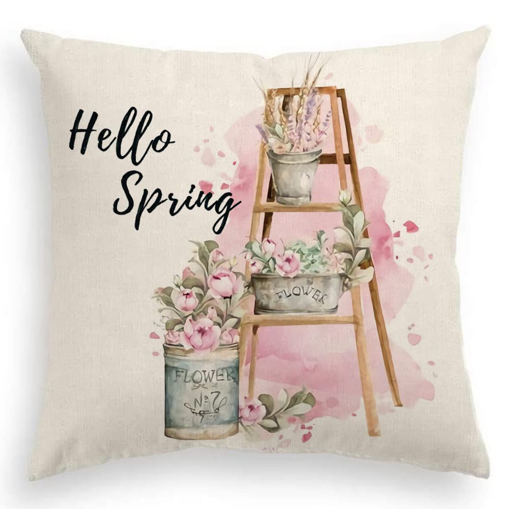 INSHERE Throw Pillow Covers Spring Decorations 18x18 Inch Set of 4,Fresh Flower Truck Garden Oil Painting Style Linen Pillowcase,Decoration for Sofa, Bedroom, Car (Spring 1)