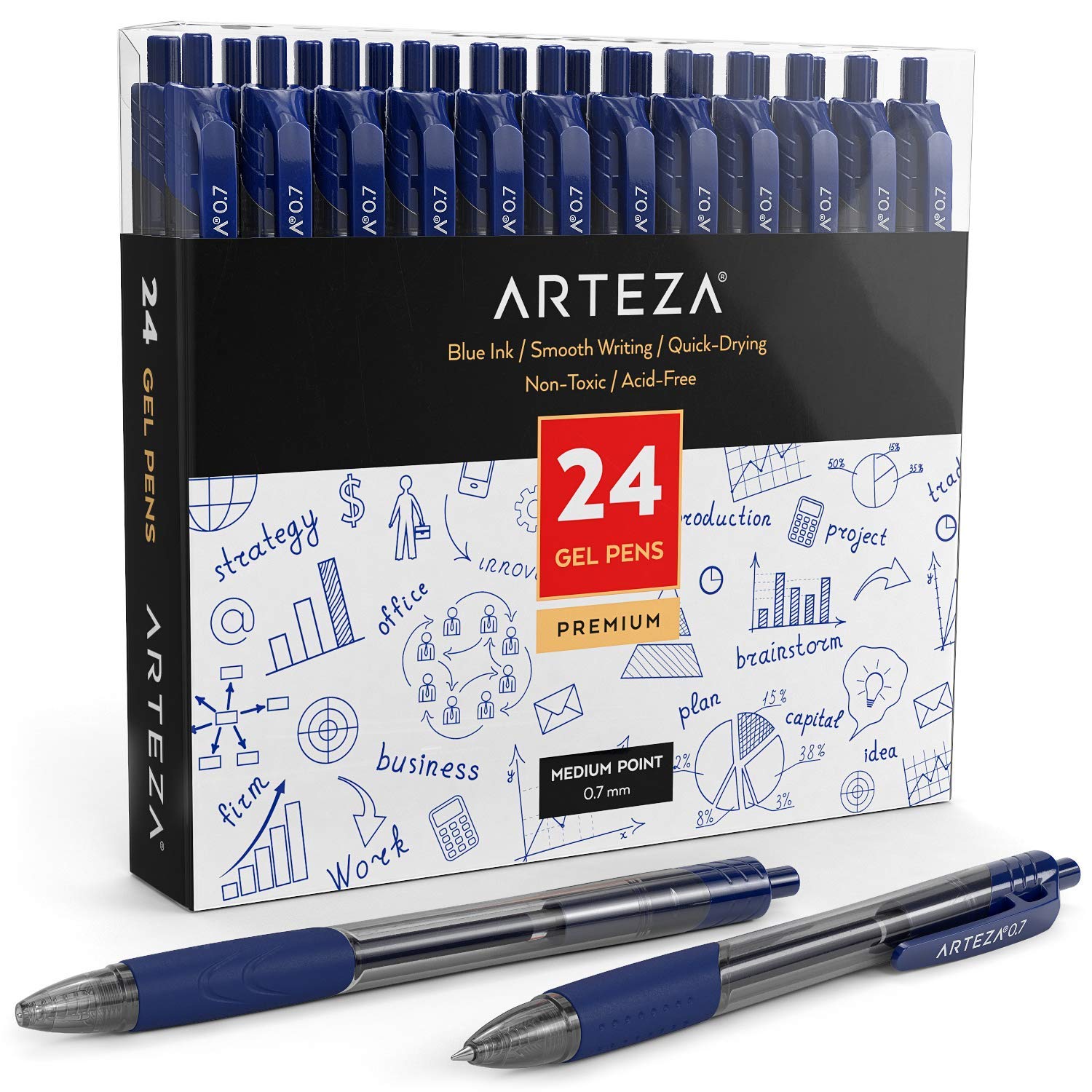 ARTEZA Blue Gel Pens Pack of 24, 0.7mm Medium Point, Quick-Drying Ink for Smooth Writing, Office & School Supplies