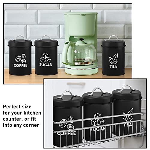 E-far Canister Sets for Kitchen Counter, 3-Piece Metal Coffee Sugar Tea Canister with Airtight Lid for Food Storage, Farmhouse Style & Small Size (6.1” x 4”)-Black