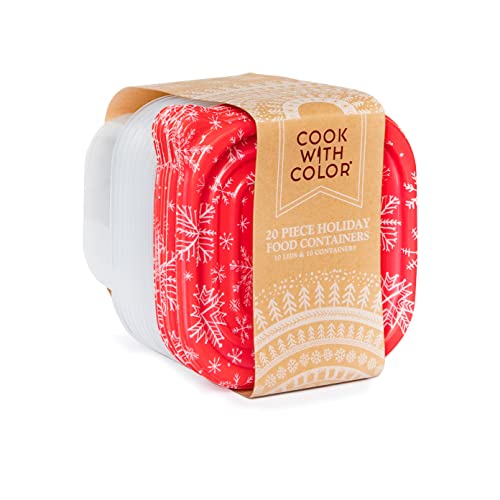 COOK WITH COLOR Containers with Lids - Holiday Plastic Food Storage Containers - Meal Prep Containers -10 Lunch Containers with 10 Lids, Airtight Reusable Containers -33.8 Oz / 1 L (Square Red Snowflakes)