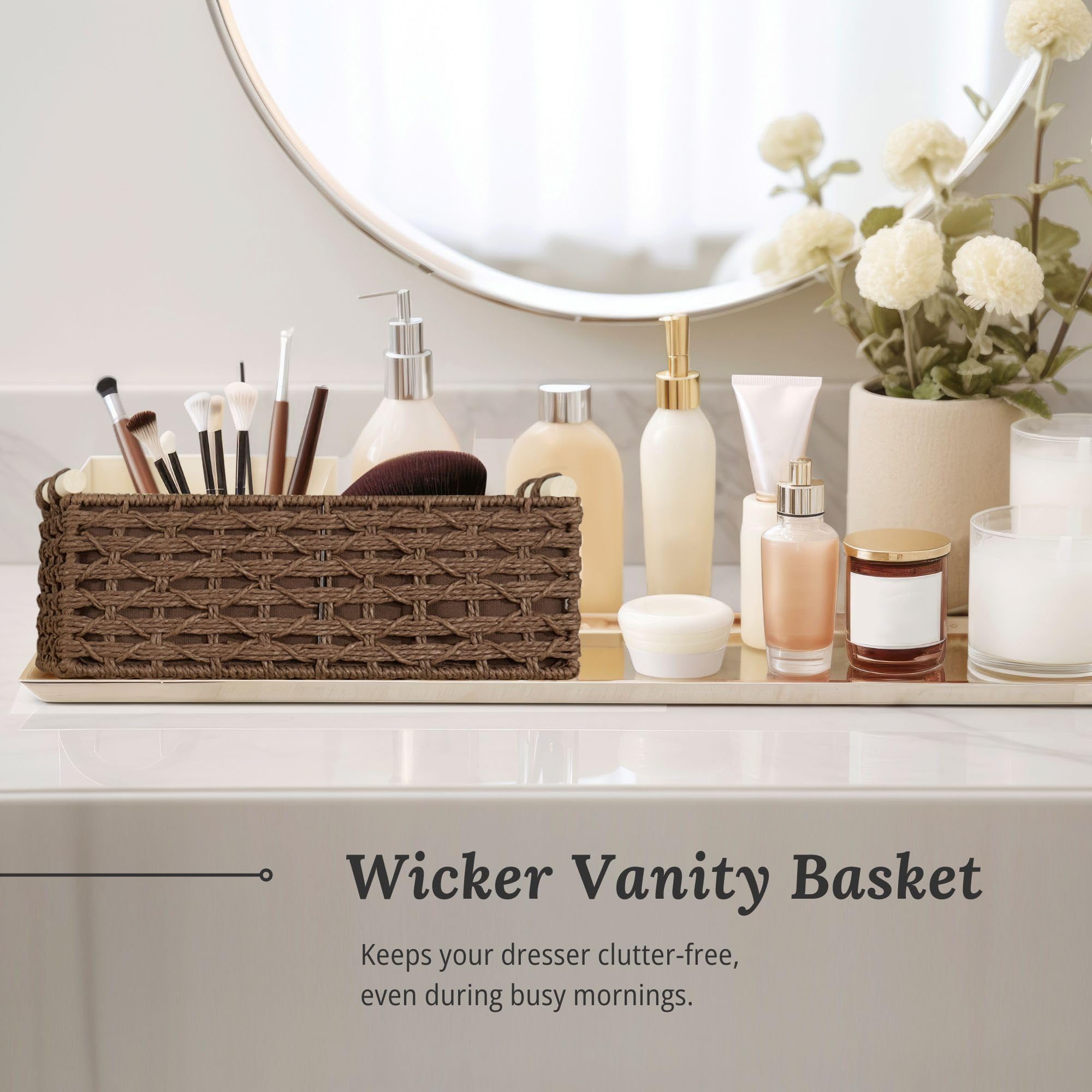 DECOMOMO Wicker Storage Basket, Toilet Paper Basket for Organizing Storage, Paper Rope Baskets with Liner and Wooden Handles for Shelves Cosmetics Books (Brown β 3 Pack)