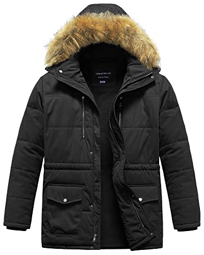 CREATMO US Men's Big and Tall Winter Hooded Coat Waterproof Warm Long Puffer Jacket Parka winter jackets Fleece Lined Black 6X