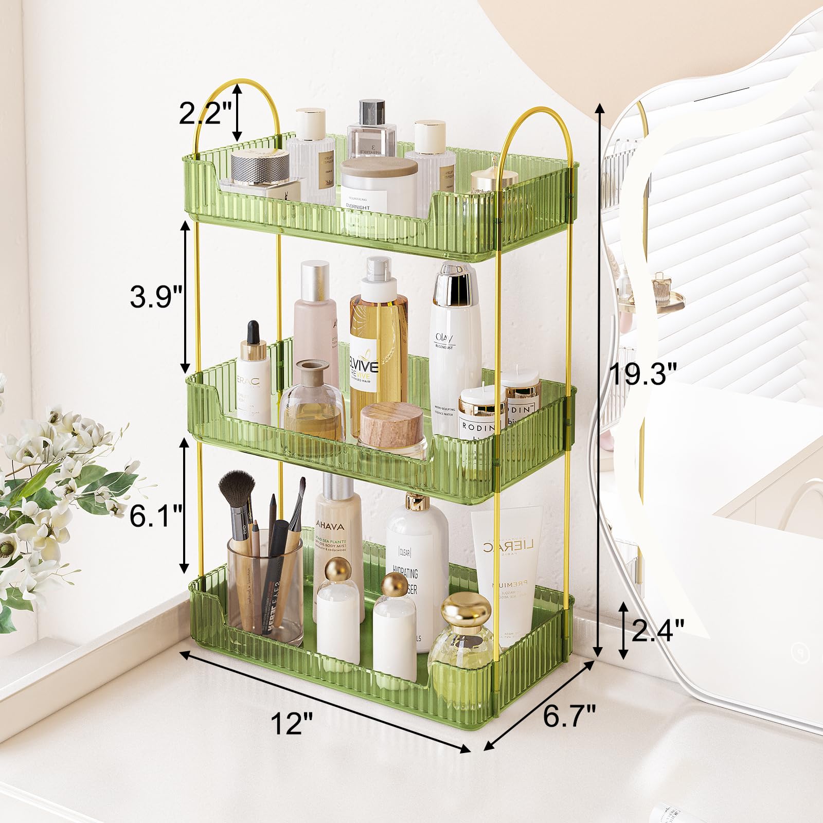 Fixwal Bathroom Counter Organizer, 3 Tier Transparent Countertop Storage for Cosmetics, Skincare, Perfume, Makeup Organizer for Vanity, Spice Rack for Kitchen (Green)