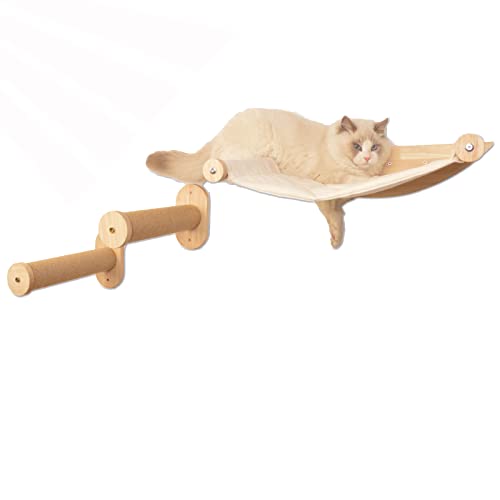 Cat Wall Shelves, Cat Hammock Wall Mounted Shelf with 2 Steps Cat Climbing Shelf and Sisal Cat Rope Scratching Post Cat Wall Furniture Cat Bridge Ladder Wooden Cat Wall Bed up to 20 lbs