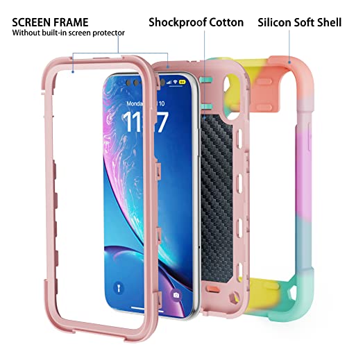 Cookiver for iPhone XR Case 6.1 Inch with Ring Stand, with 2 Pack Glass Screen Protector,Heavy-Duty Shockproof Rugged Military Grade Cover with Magnetic Car Mount for iPhone XR (Rainbow Pink)