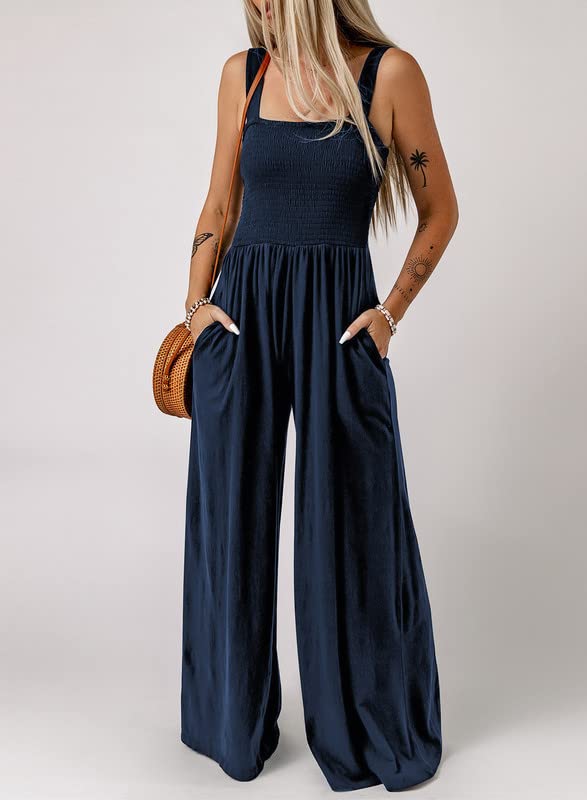 Dokotoo Womens Overalls Blue Jumpsuits for Women Casual Loose Fit Solid Color Wide Leg One Piece Sleeveless Jumpsuit Long Pant Rompers with Pockets Medium