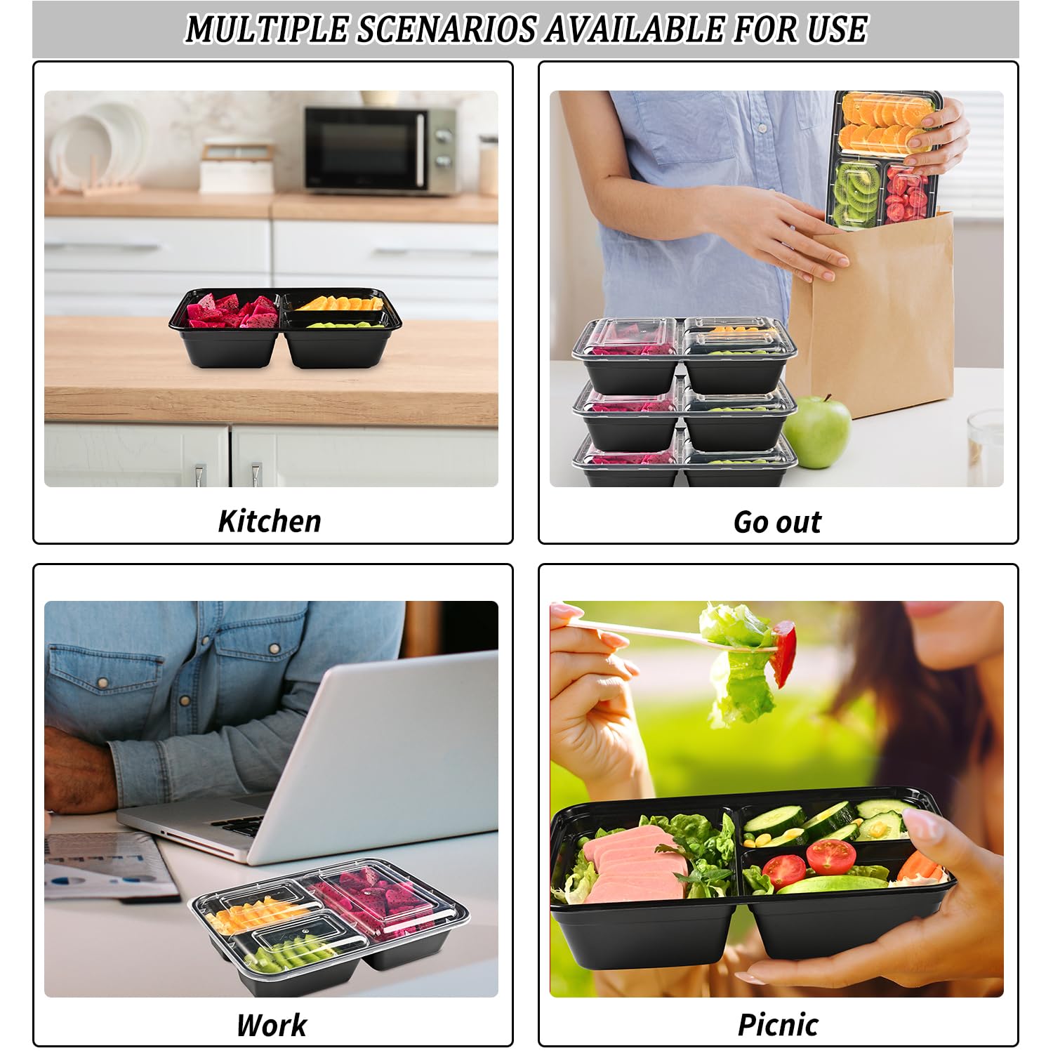 Sports Festival 22 Pack Meal Prep Containers, 43OZ Bento Box, 3 Compartment Divided Food Storage Containers Durable Stackable Reusable, For Microwave/Dishwasher/Freezer(22 Trays & 22 Lids)