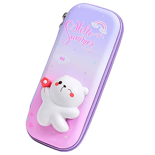 GANNEPIE 3D Decompression Stereo Cartoon Cute Pencil Case Holder EVA Carrying Pen Bag Pouch Simple Stationery for Adults Kids Purple Bear