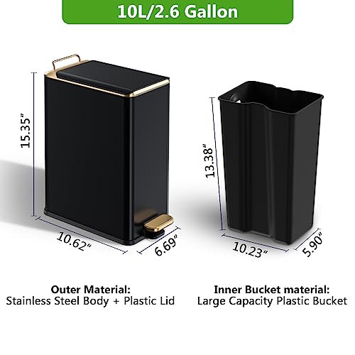 CEROELDA Bathroom Trash Can with Lid-Stainless Steel Step Slim Garbage Can-Metal Wastebasket with Lid-10L/2.6 Gallon Rectangle Pedal Trash Bin for Narrow Office, Kitchen, Bedroom, Toilet (Black)