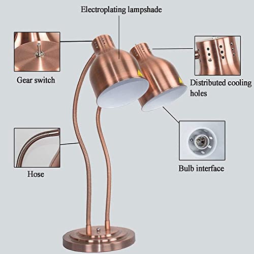 Dual 250W Bulb Commercial Food Heat Lamp, Buffet Server Plate Warmer Lamp Head Catering Portable Food Warmer Light Unit Double Head Multi-Directional Adjustment,Copper