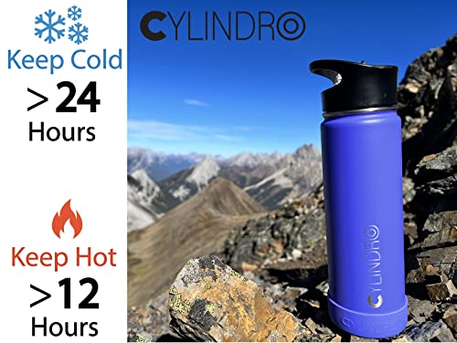 Cylindro Water Bottle, Triple-Layer Stainless Steel - 3 Lids, Vacuum Double Walled Copper Lined, BPA Free, w/ Silicone Boot, Hot & Cold - 22 Oz Veri Peri Purple
