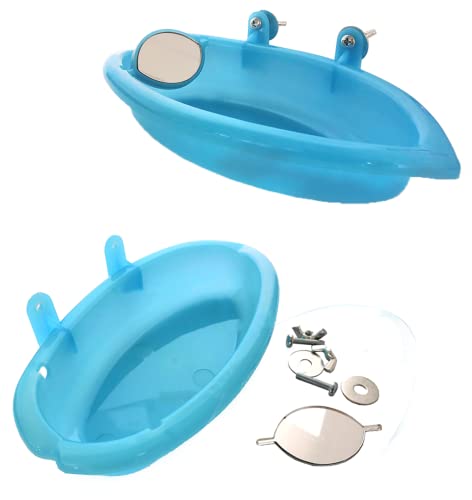 Clpoawc Bird Bath for Cage with Mirror,Bird Baths Tub Parakeet Fountain,Bird Large Parrot,Portable Accessories Small Lovebird Finch Budgie Canary Blue