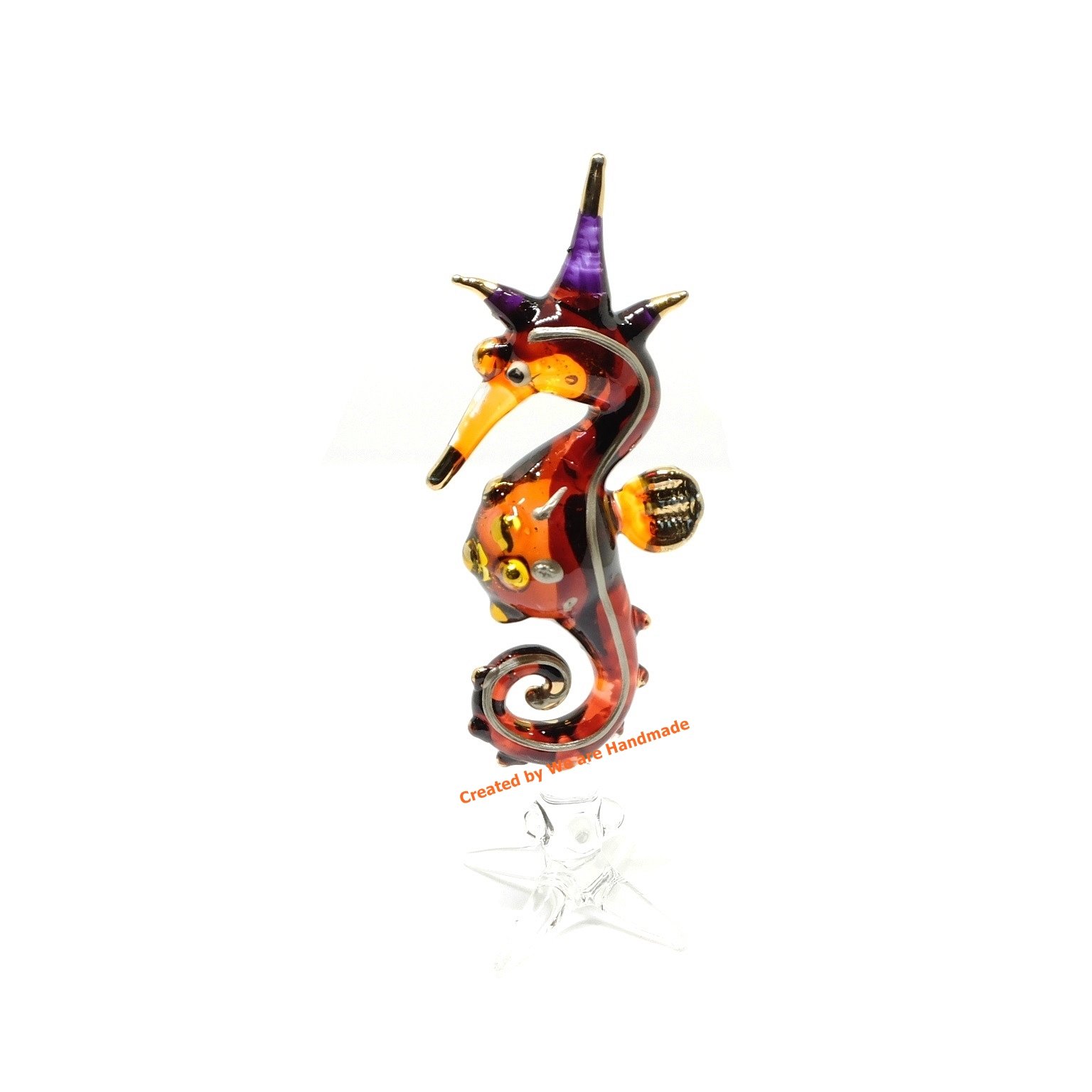 Handmade Mini 3" Blown Glass Seahorse Figurine Figure Art, Miniature Dollhouse, Gift Ideas, Collectible Ocean Animals, Tiny Ornament, Cool Stuff Decor (Brown and Orange No.2)