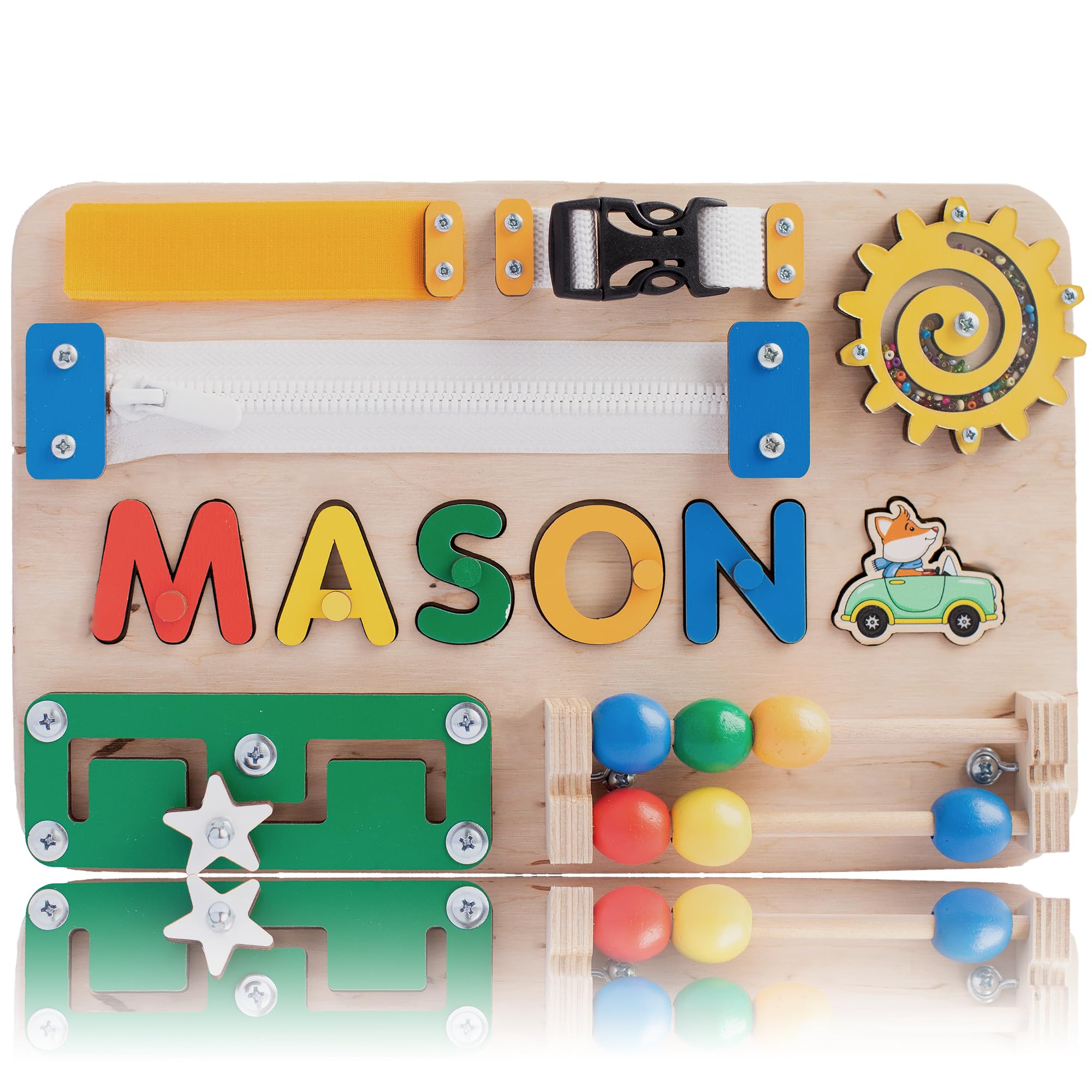 Name Puzzle Busy Board Custom Personalized Baby Gift Wooden Montessori Toys Learning Sensory Board Toddler Toys Fidget Zipper Buckle Plane Car Travel Boy Girl Latches Autistic Education Engaging Child