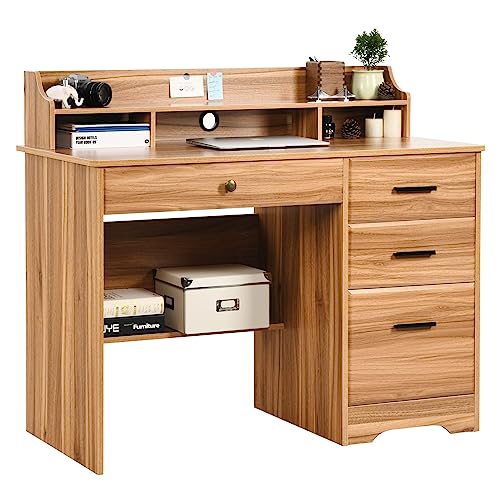 Computer Desk with 4 Drawers and Storage, Small Office Desk with File Drawers and Hutch, Farmhouse Wood Writing Student Table for Home Office, Bedroom, Rustic Brown