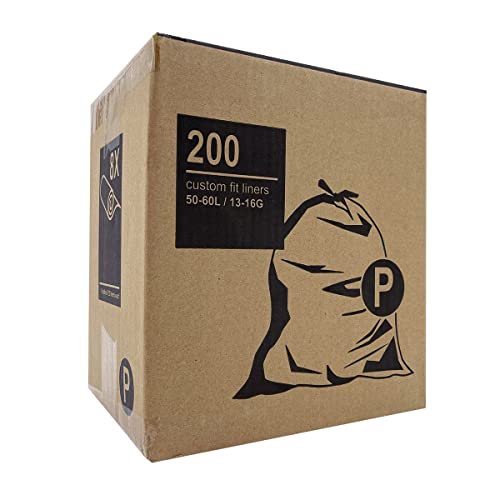 Code P, 13-16 Gallon/50-60 Liter, Custom Fit Drawstring Trash Bag Liners (200 Count), Heavy Duty, Bulk, Simplehuman Compatible (Code P - 13-16 Gallon)