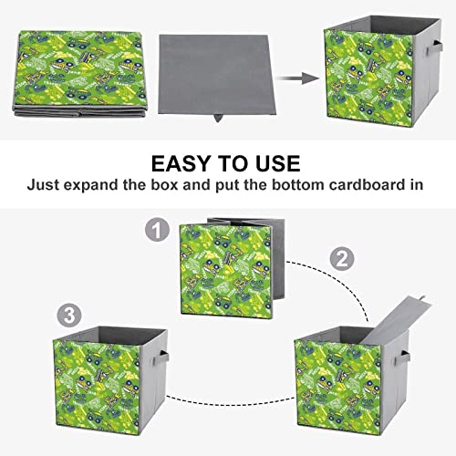 Cute Bulldozer Foldable Storage Bins Printd Fabric Cube Baskets Boxes with Handles for Clothes Toys, 11x11x11