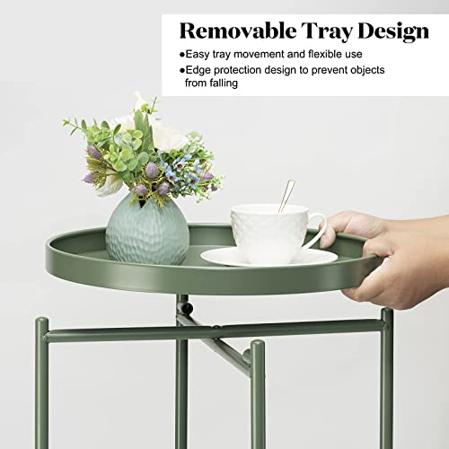 danpinera 2 Tier Metal Side Table with Removable Tray, Folding End Outdoor Small Accent Table, Anti-Rust Green Nightstand for Bedroom Balcony Patio (Dark Green)