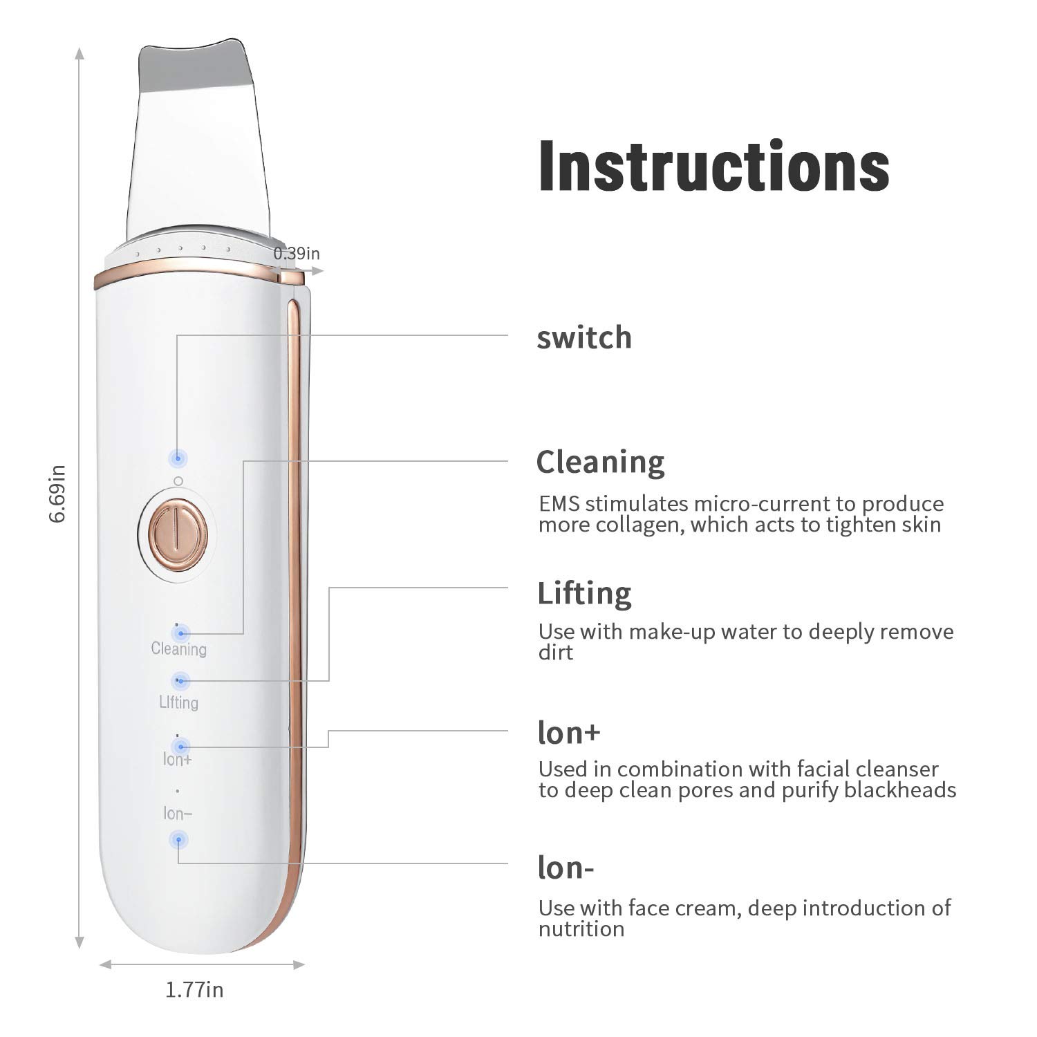Skin Scrubber, Skin Spatula, Pores Cleanser Exfoliator Blackhead Remover Comedones Extractor for Facial Deep Cleansing with 4 Modes Include 4 Pcs Acne Reml Tool