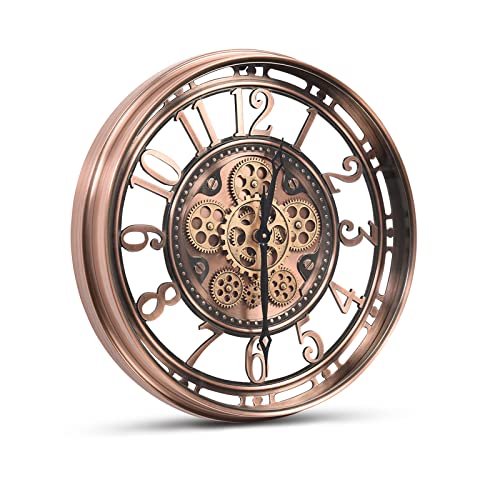CLXEAST Moving Gear Wall Clock for Modern Living Room Decor, Large Industrial Clock with Steampunk Gears, Big Arabic Numerals, Rose Gold Metal for Office, Bronze Copper (21 Inch)