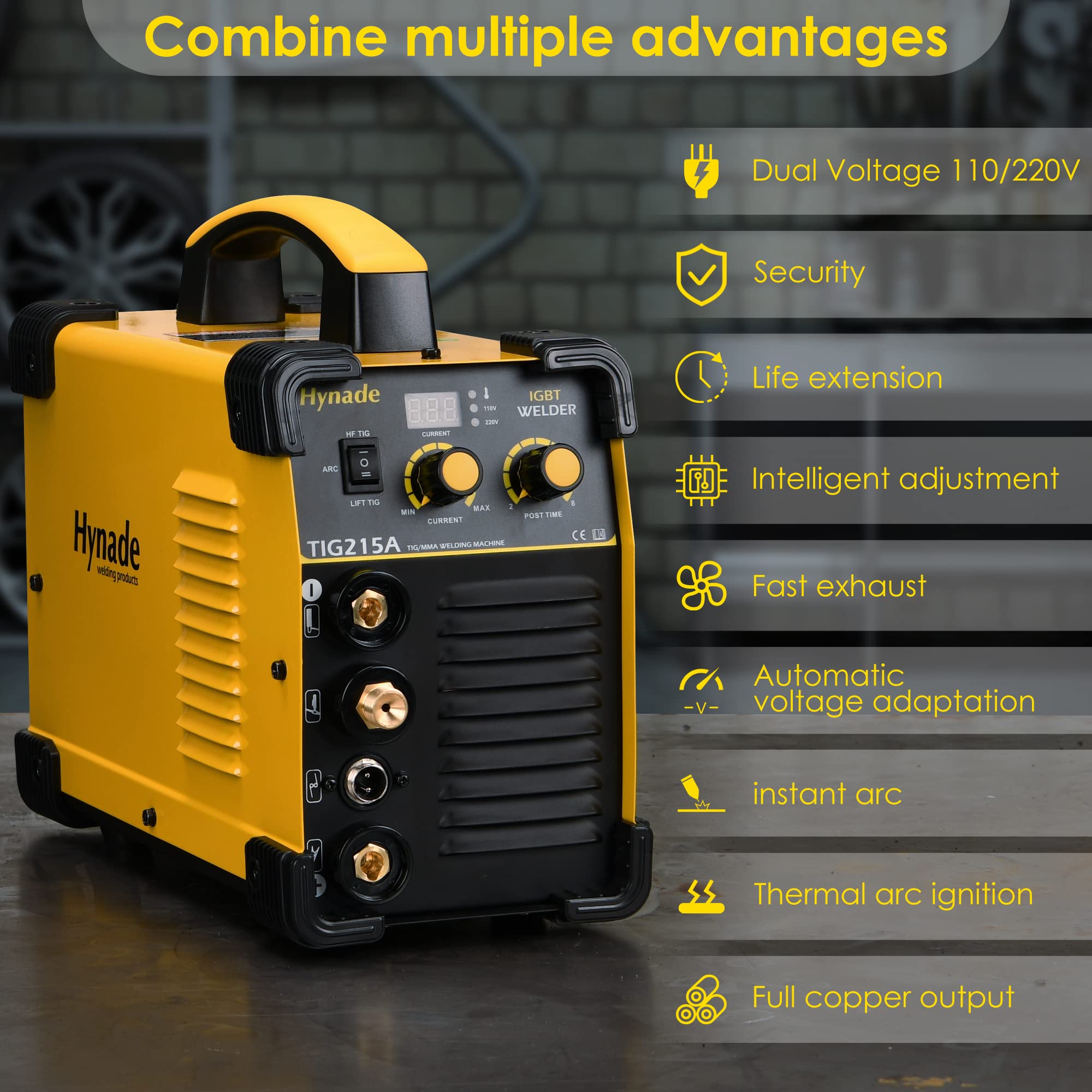 hynade Tig Welder TIG215A, HF ARC/TIG/Stick TIG Welders 215 Amp 110/220V Dual Voltage TIG Welding Machine