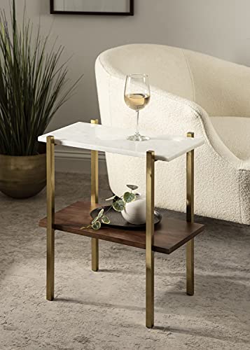 Kate and Laurel Abcott Midcentury Side Table, 20 x 12 x 24, Walnut Brown and Gold, Decorative Two-Tier Bedroom Nightstand Table with Genuine Marble Tabletop