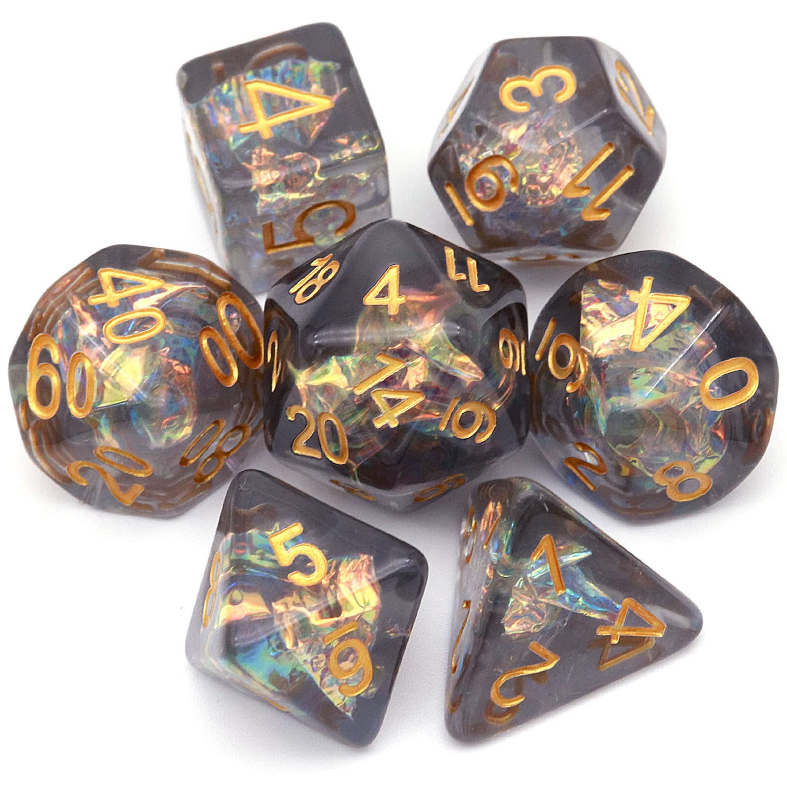 Haxtec Black DND Dice Set 7PCS Filled Resin Polyhedral D&D Dice W/Iridescent Mylar Inclusion Role Playing Dice Dungeons and Dragons Gift