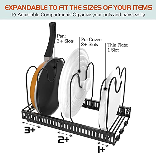 Daddynme Expandable Pot and Pan Organizers Rack, 10+ Pans and Pots Lid Organizer Rack Holder, Kitchen Cabinet Pantry Bakeware Organizer Rack Holder with 10 Adjustable Compartments