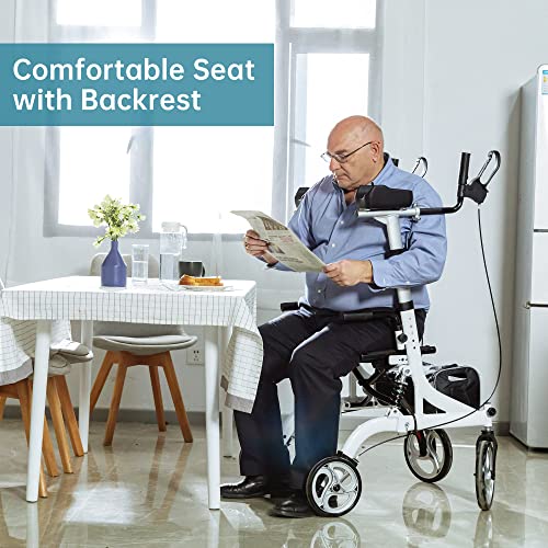 ELENKER Upright Rollator Walker, Stand Up Rollator Walker with Shock Absorber, 10β Front Wheels and Carrying Pouch, Suitable for Outdoor, White