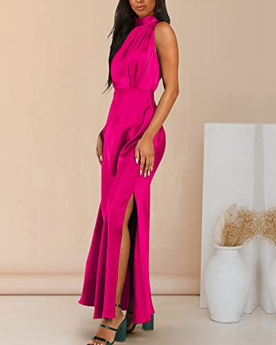 BTFBM Women Sleeveless Mock Neck Cocktail Dresses Keyhole Elastic Waist Party Wedding Guest Satin High Split Maxi Dress(Solid Rose Red, Medium)