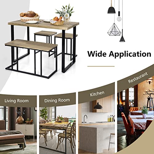 COSTWAY 4 Piece Dining Table Set, Modern Counter Height Kitchen Table Set for 4 w/Bench & 2 Stools, Sturdy Iron Structure, Space-Saving Dining Table and Chair Set for Home Pub Breakfast, Oak Grey