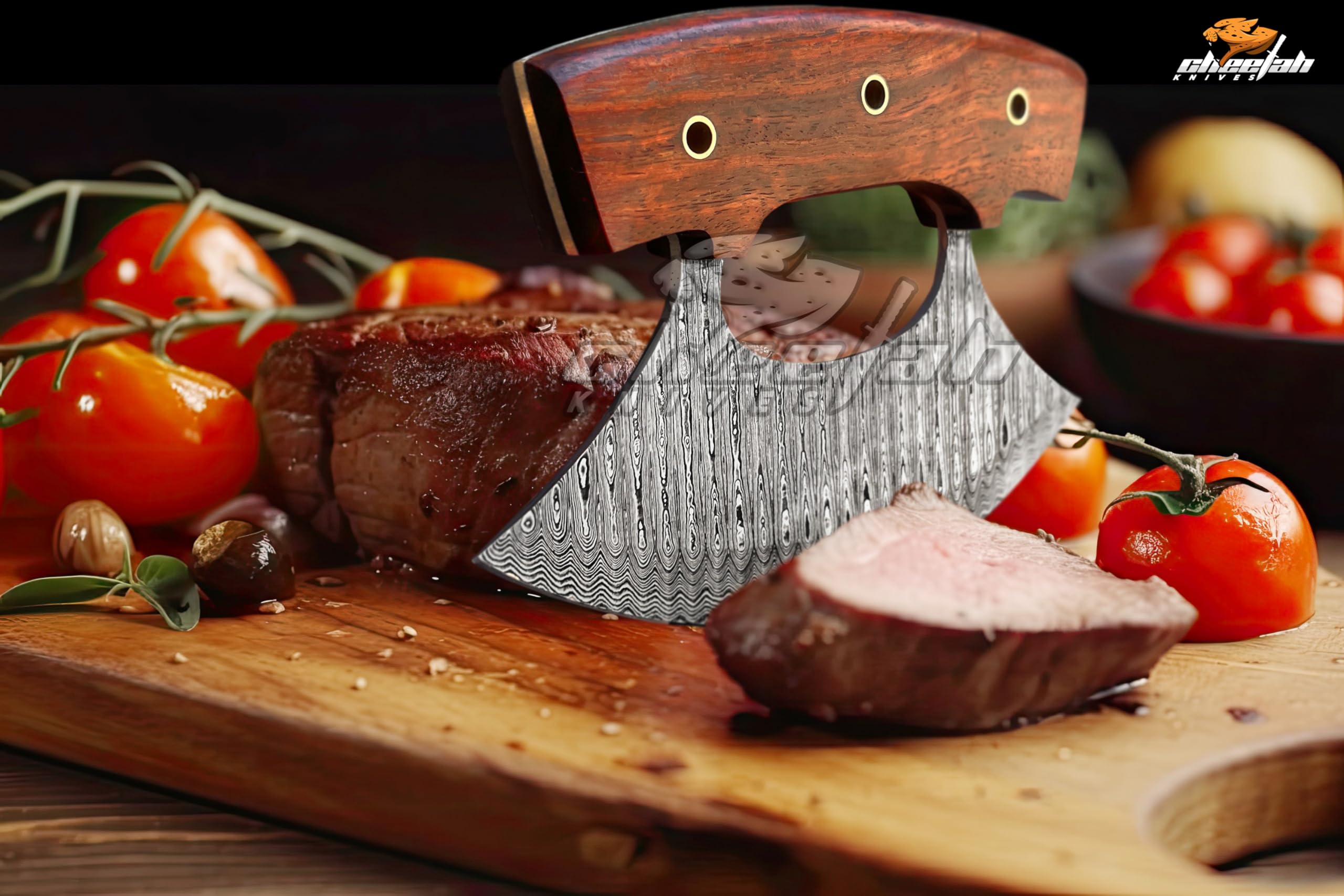 Damascus Ulu Knife with Leather Sheath- Authentic Damascus Steel Multipurpose Kitchen Tool for Chopping, Slicing, and Dicing