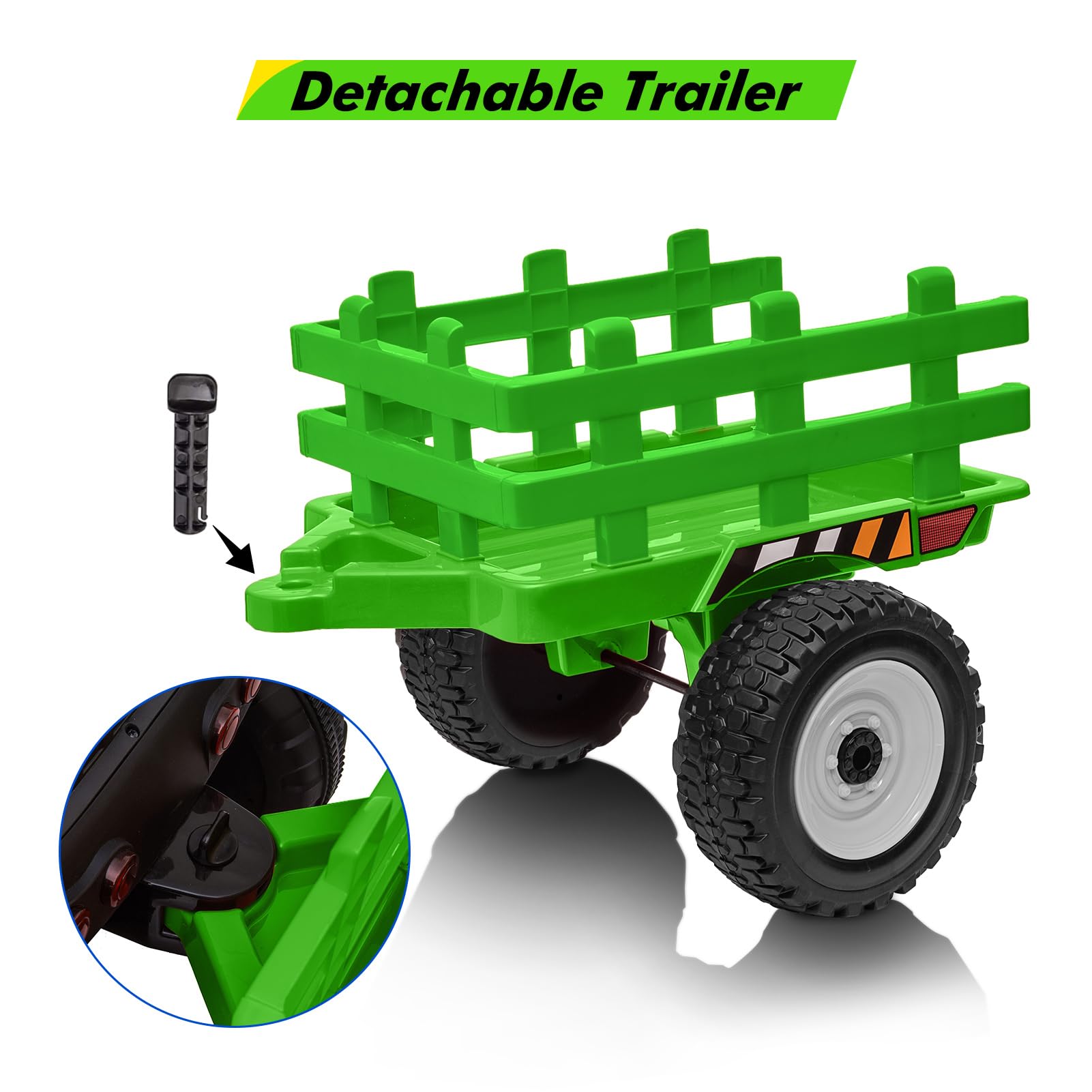Nasitip 12V Battery Powered Electric Tractor with Trailer, Toddler Ride On Car w/Remote Control/7-LED Headlights/2+1 Gear Shift/MP3 Player/USB Port for Kids 3-6 Years (Green, 25W/Tread Tire)