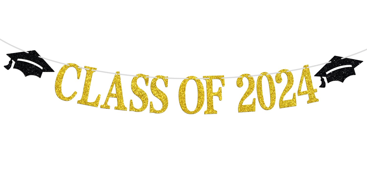 Class of 2024 Banner, Congrats Grad Bunting Sign for 2024 High School College Graduation Party Decorations Supplies, Black and Gold Glitter