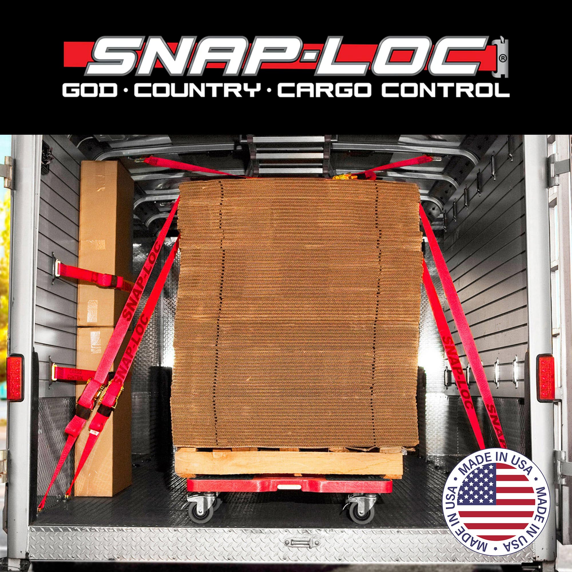 SNAP-LOC, All Terrain 4 Wheel Push Cart Dolly, Heavy Duty Dolly Cart, 6 Inch Casters, Push Bar & E Strap Attachment Included, 1,500 lb Capacity, Made in USA, Red